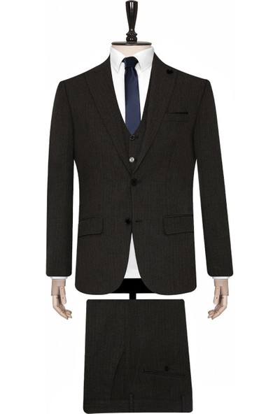 Süvari Yelekli Koyu Gri Slim Fit Takım Elbise Süvari Yelekli Koyu Gri Slim Fit Takım Elbise