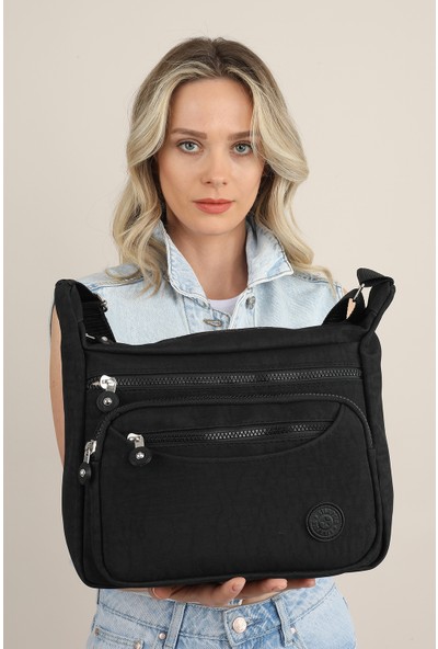 Madamra Siyah Kadın Krinkıl Kumaş Çok Bölmeli Çanta