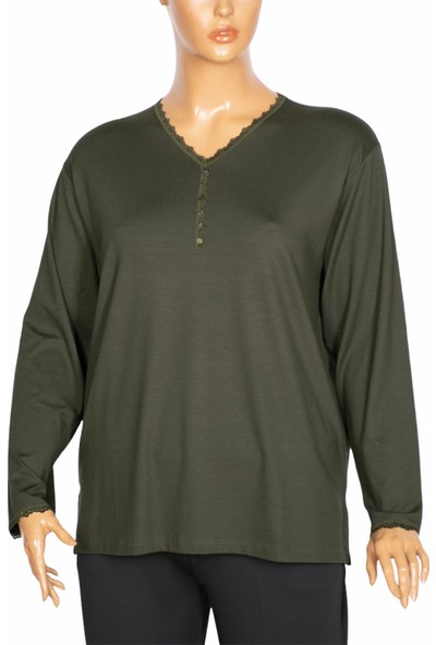 Hermevsim Ptr Kadın Sıla Battal V Yakası Kolu Dantelli Haki Bluz