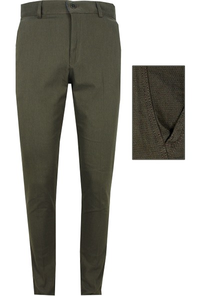 Varetta Erkek Yeşil Armürlü Likralı Cepli Klasik Kesim Keten Pantolon