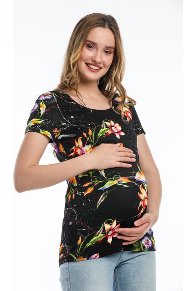 Perla Blanca Çiçek Desenli Emzirme Özellikli Hamile Tişörtü