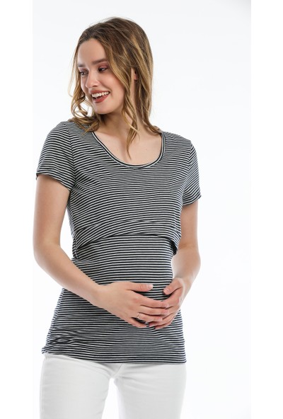 Perla Blanca Çizgili Kısa Kollu Emzirme Özellikli Hamile Tişörtü