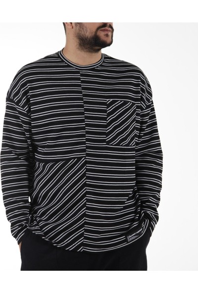 Outcast Unisex Siyah Oversize Çizgili Waffle Sweatshirt