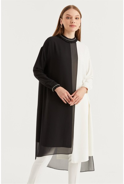 Zühre Yaka Işleme Detaylı Şifon Siyah/ekru Tunik T-1094 Zühre Yaka Işleme Detaylı Şifon Siyah/ekru Tunik T-1094
