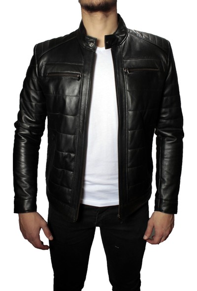 Mesut Deri Aoron Erkek Deri Fermuarlı Siyah Şişme Mont M02
