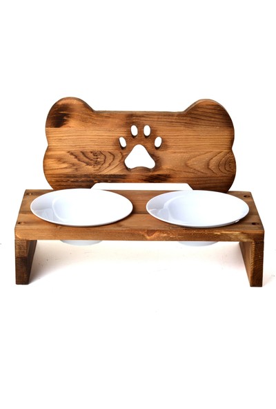 Emay Center 2'li Ahşap Kedi, Köpek Mamalık, Yemek, Su ve Mama Kabı Melamin Kap