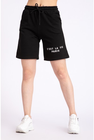 Giysa Kadın Paris Baskılı Cepli Siyah Şort 223 Giysa Kadın Paris Baskılı Cepli Siyah Şort 223