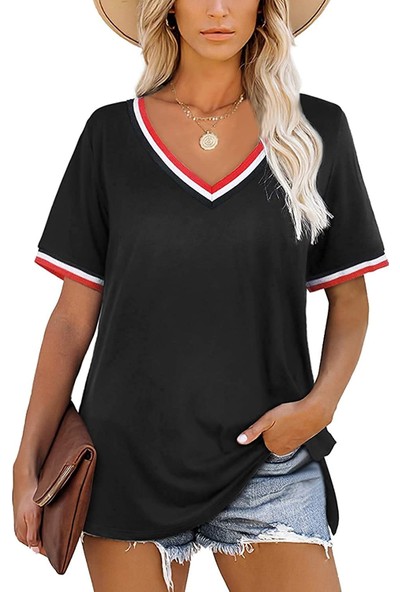 Asksa Kadın V Yaka Kısa Kollu Çizgili Yan Bölünmüş T-Shirt (Yurt Dışından) Asksa Kadın V Yaka Kısa Kollu Çizgili Yan Bölünmüş T-Shirt (Yurt Dışından)