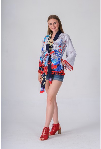 Narina Pamuklu Vual Kumaştan Kimono Püskül Detaylı Kısa Pareo ve Plaj Elbisesi