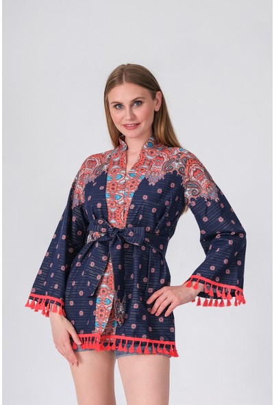 Narina Pamuklu Vual Kumaştan Kimono Püskül Detaylı Kısa Pareo ve Plaj Elbisesi