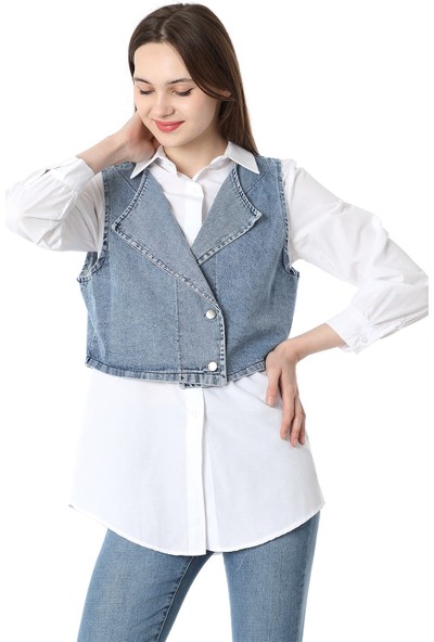 Zincir Moda Kot Yelekli Tunik - Beyaz Zincir Moda Kot Yelekli Tunik - Beyaz