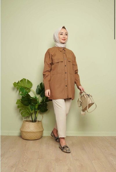 D-D Kahverengi Göğüs Cepli Tensel Tunik