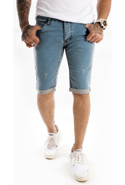 Deepsea Mavi Yırtmaçlı Likralı Yüksek Bel Erkek Kot Kapri 2114683