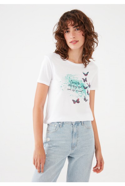 Mavi Kelebek Baskılı Beyaz Tişört