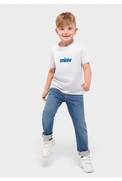 Mavi Erkek Çocuk Miav Baskılı Beyaz Tişört 66332620