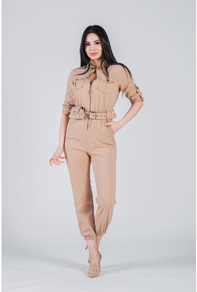 Yare Uzun Kollu Önden Fermuarlı Çanta Kemerli Tulum