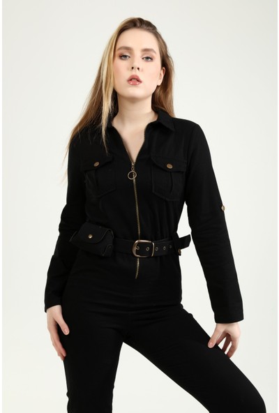 Yare Uzun Kollu Önden Fermuarlı Çanta Kemerli Tulum