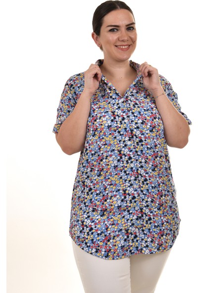 Işıltı fashion Kısa Kollu Çiçek Desenli Mavi Büyük Beden Pamuk Gömlek