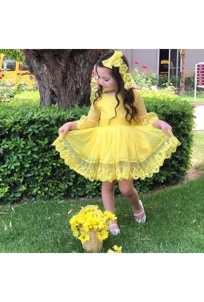 Riccotarz Kız Çocuk Prenses Güpürlü Sarı Elbise