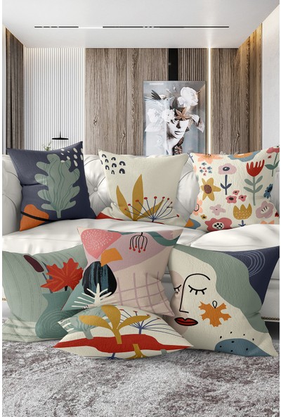 Real Homes 7'li Özel Tasarım Etnik Çizimli Dijital Baskılı Kırlent Kılıfı Seti