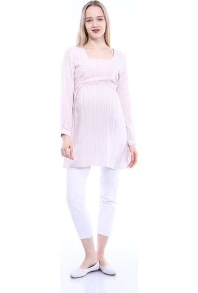 Işşıl E0017-Çerçeve Yaka Çizgili Pamuk Hamile Bluz