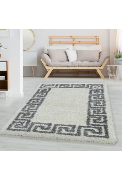 Ayyıldız Desenli Shaggy Halı Yumuşak Ornament Bordür Desen Krem Gri