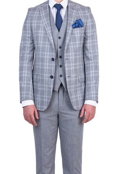 İmza Gri Ekose Desen Slim Fit Erkek Takım