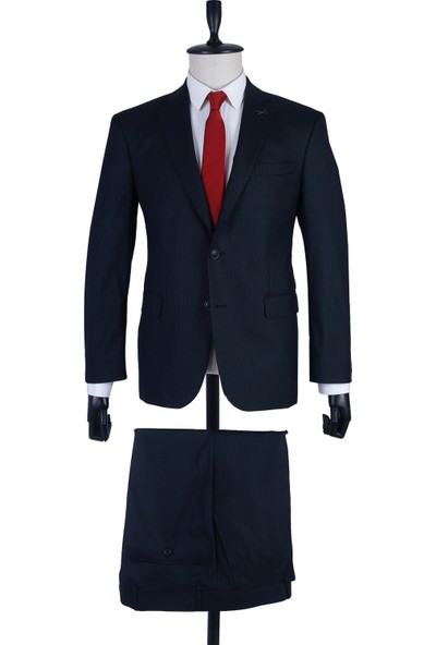 İmza Lacivert Çizgili Desen Comfort Fit Takım