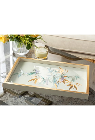 English Home Bamboo Cam Dekoratif Tepsı 31X46 cm Krem-Altın
