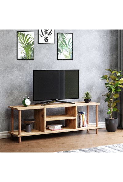 İntergo Tv Sehpası Raflı Tv Ünitesi Televizyon Sehpası Ahşap Ayaklı Çam