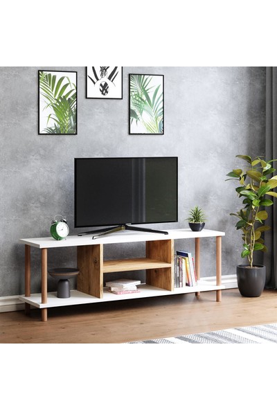 İntergo Tv Sehpası Raflı Tv Ünitesi Televizyon Sehpası Ahşap Ayaklı Beyaz Gövde - Çam Raflı İntergo Tv Sehpası Raflı Tv Ünitesi Televizyon Sehpası Ahşap Ayaklı Beyaz Gövde - Çam Raflı