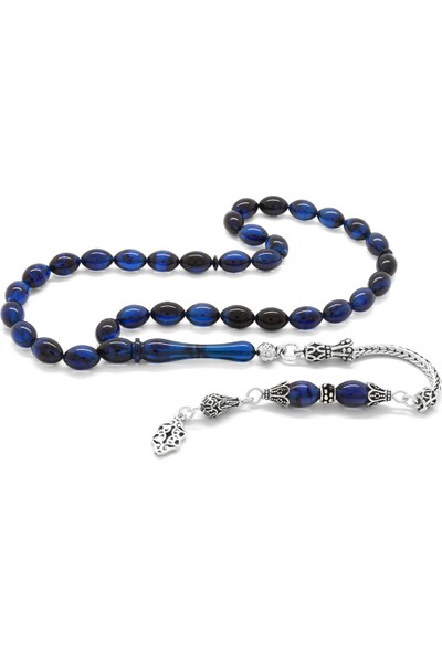 Gümüş Hediye Al 925 Ayar Gümüş Püsküllü Arpa Kesim Mavi-Siyah Sıkma Kehribar Tesbih