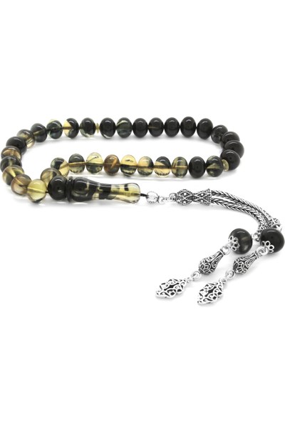 Gümüş Hediye Al 925 Ayar Gümüş Püsküllü Tekerlek Kesim Süzme Siyah Ateş Kehribar Tesbih