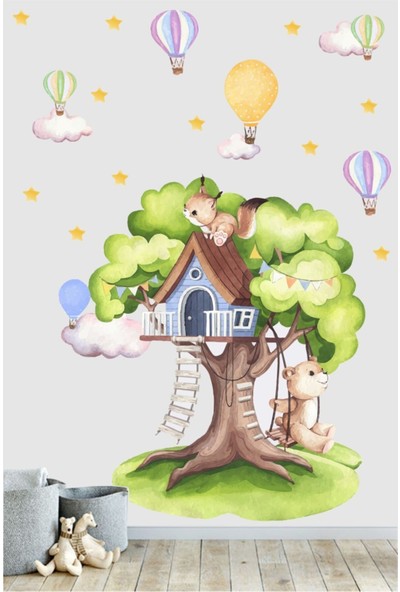 Dez Ağaç Ev Balonlar ve Bulutlar Çocuk Odası Duvar Sticker 100*100 cm Dez Ağaç Ev Balonlar ve Bulutlar Çocuk Odası Duvar Sticker 100*100 cm