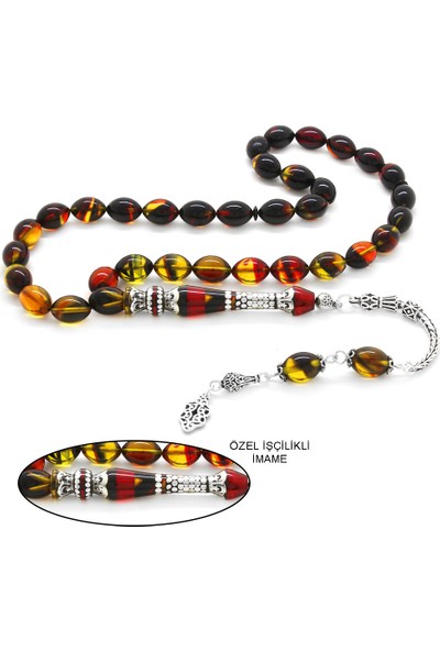 Gümüş Hediye Al 925 Ayar Gümüş Püsküllü Gümüş Nakkaş Imameli Süzme Bal Rengi Ateş Kehribar Tesbih