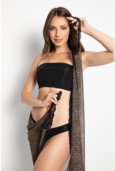 Myben Leopar Desenli Askılı Dantel Detaylı Sırtı Açık Kruvaze Tül Pareo SLM017