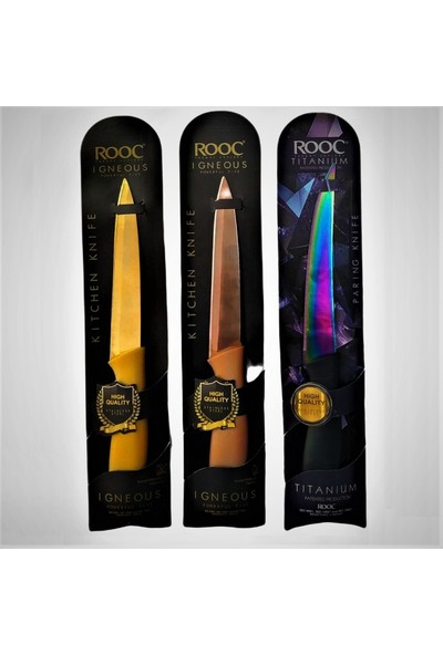 Rooc 3'lü Bıçak Seti Gold - Bronz ve Lazer Kesim Titanyum Rooc 3'lü Bıçak Seti Gold - Bronz ve Lazer Kesim Titanyum