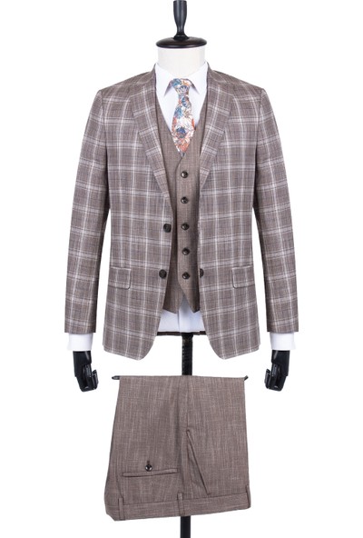 İmza Kahverengi Ekose Desen Slim Fit Takım