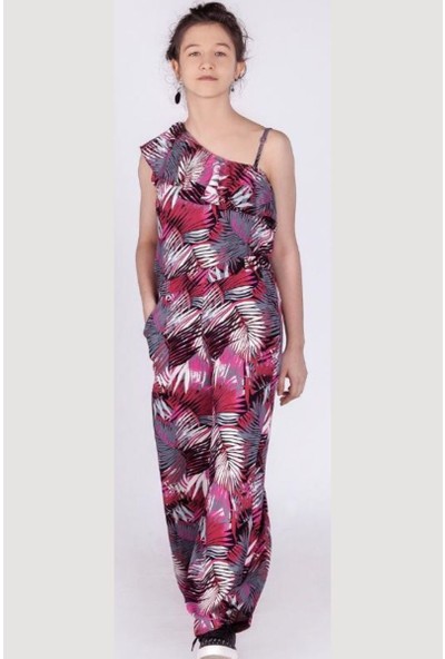 Riccotarz Kız Çocuk Askılı Tek Omuz Fuşya Tulum