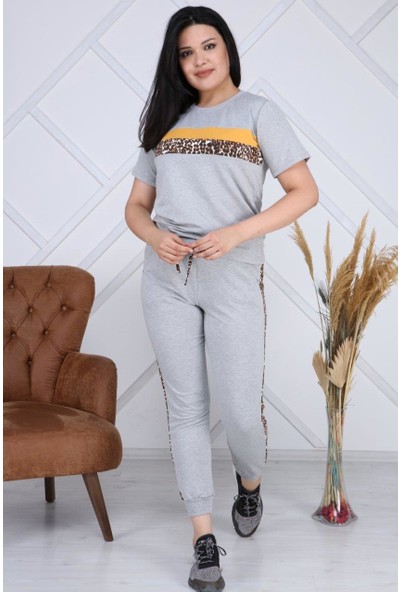 Koza Büyük Beden Kısa Kollu Leopar Detaylı Eşofman Takımı 8980