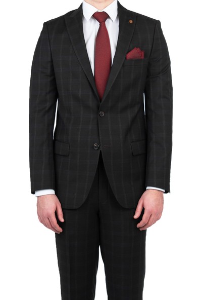 İmza Siyah Ekose Desen Slim Fit Kılıç Yaka Takım Elbise İmza Siyah Ekose Desen Slim Fit Kılıç Yaka Takım Elbise