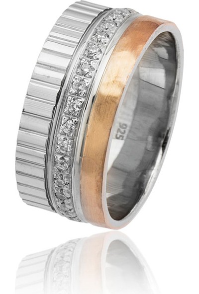 Tesbihane Üç Şerit Tasarım Zirkon Taşlı 925 Ayar Gümüş Bayan Alyans