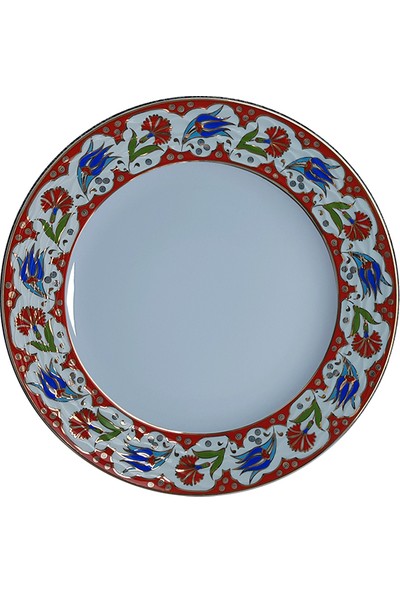 Armada Çini Prt 58 Kırmızı Altın Yaldızlı Lale Karanfil Desenli Porselen Kaligrafi Çini Tabak 25 cm