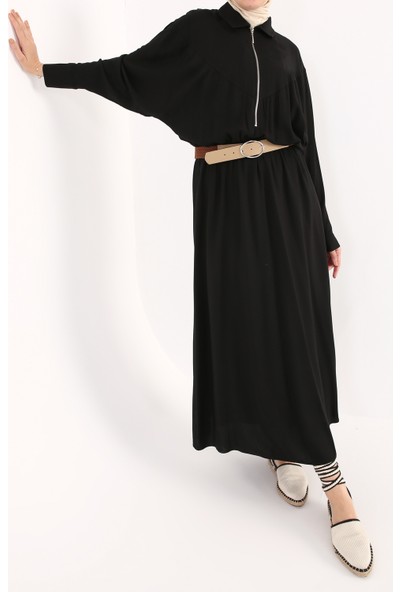 ALLDAY Yakası Fermuarlı Kemerli Viskon Elbise