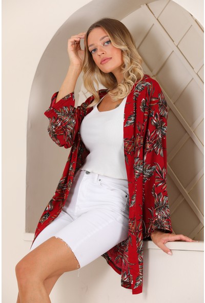 Kasheha Kadın Bordo Yaprak Desenli Uzun Kollu Viskon Kimono - KAD3325450