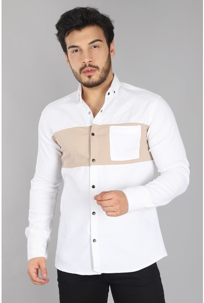 Arlin Erkek Tek Cep Garnili Uzun Kollu Kot Beyaz Gömlek Arlin Erkek Tek Cep Garnili Uzun Kollu Kot Beyaz Gömlek