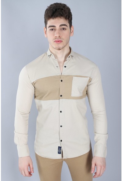 Arlin Erkek Tek Cep Garnili Uzun Kollu Kot Bej-Taş Gömlek Arlin Erkek Tek Cep Garnili Uzun Kollu Kot Bej-Taş Gömlek