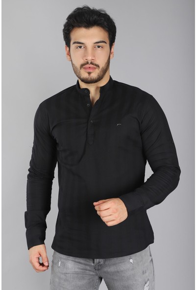 Arlin Erkek Yarım Pat Düğmeli Uzun Ayarlabilir Kollu Siyah Kot Gömlek