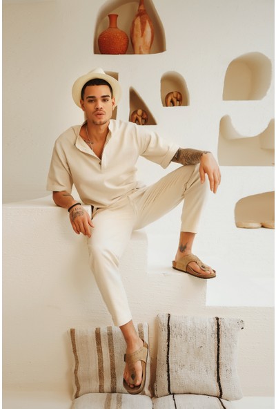 B3ANTLP Keten Yarım Kollu Gömlek