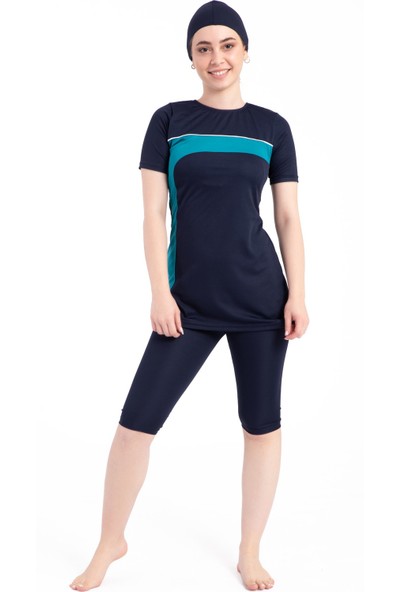 Pemilo Kadın Şeritli Kısa Kol Taytlı Tesettür Mayo Lacivert-Kırmızı Pemilo Kadın Şeritli Kısa Kol Taytlı Tesettür Mayo Lacivert-Kırmızı